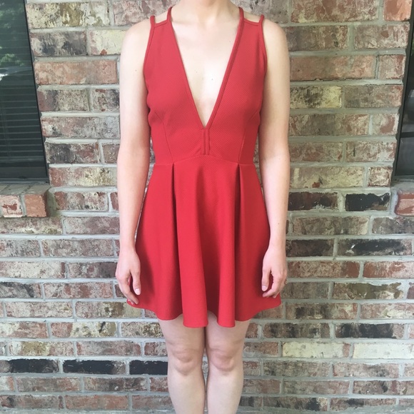 Dresses | Red Deep V Dress Flare Dress | Poshmark